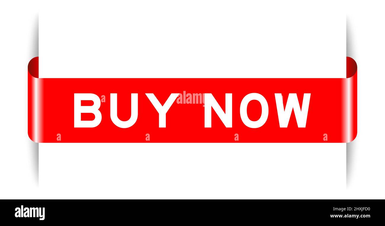 Red color inserted label banner with word buy now on white background ...