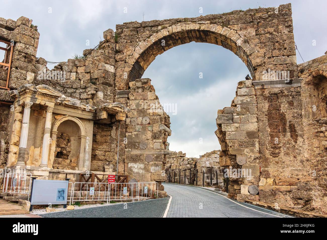 The historic Vespasian Gate from the Roman era in Side, Turkey Stock ...