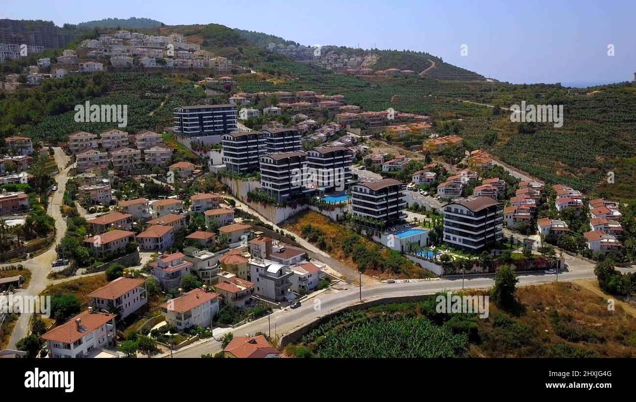 Resort view from a helicopter.Clip. A beautiful resort area with hotels ...