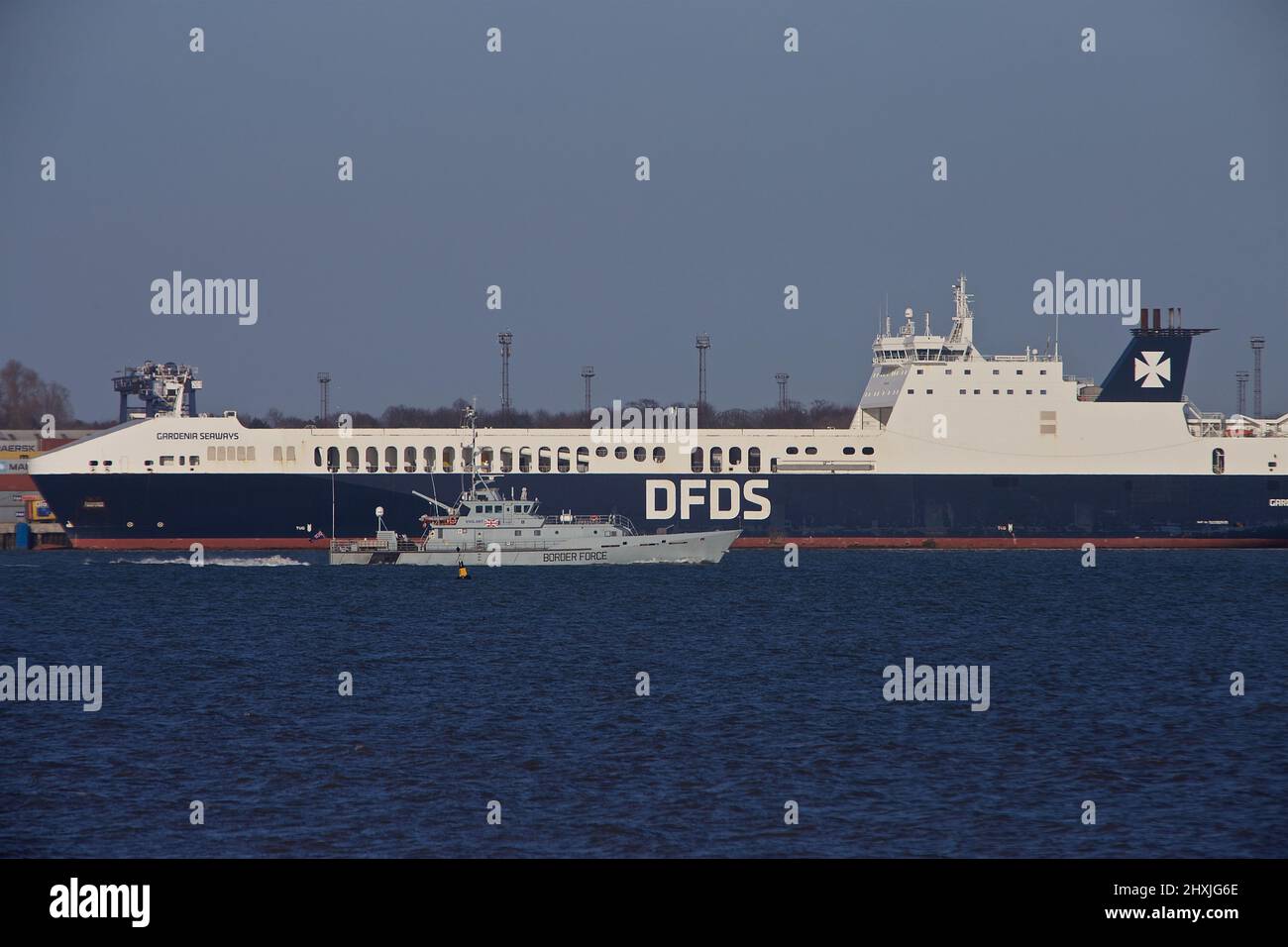 Border Force patrol vessel HMC Vigilant passing through Harwich Haven ...