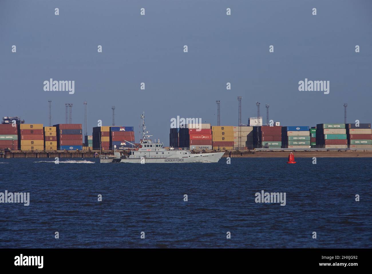 Border Force patrol vessel HMC Vigilant passing through Harwich Haven ...