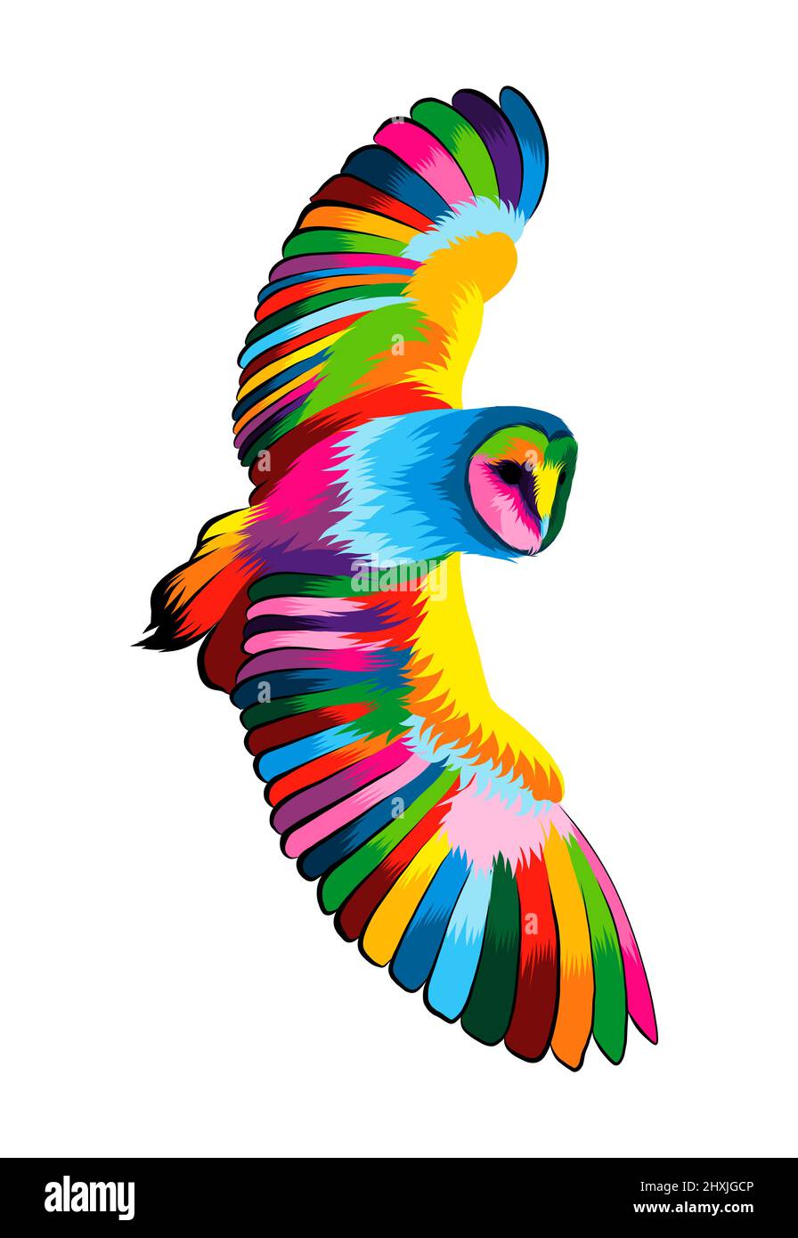 Abstract barn owl, long-eared owl, eagle owl from multicolored paints ...