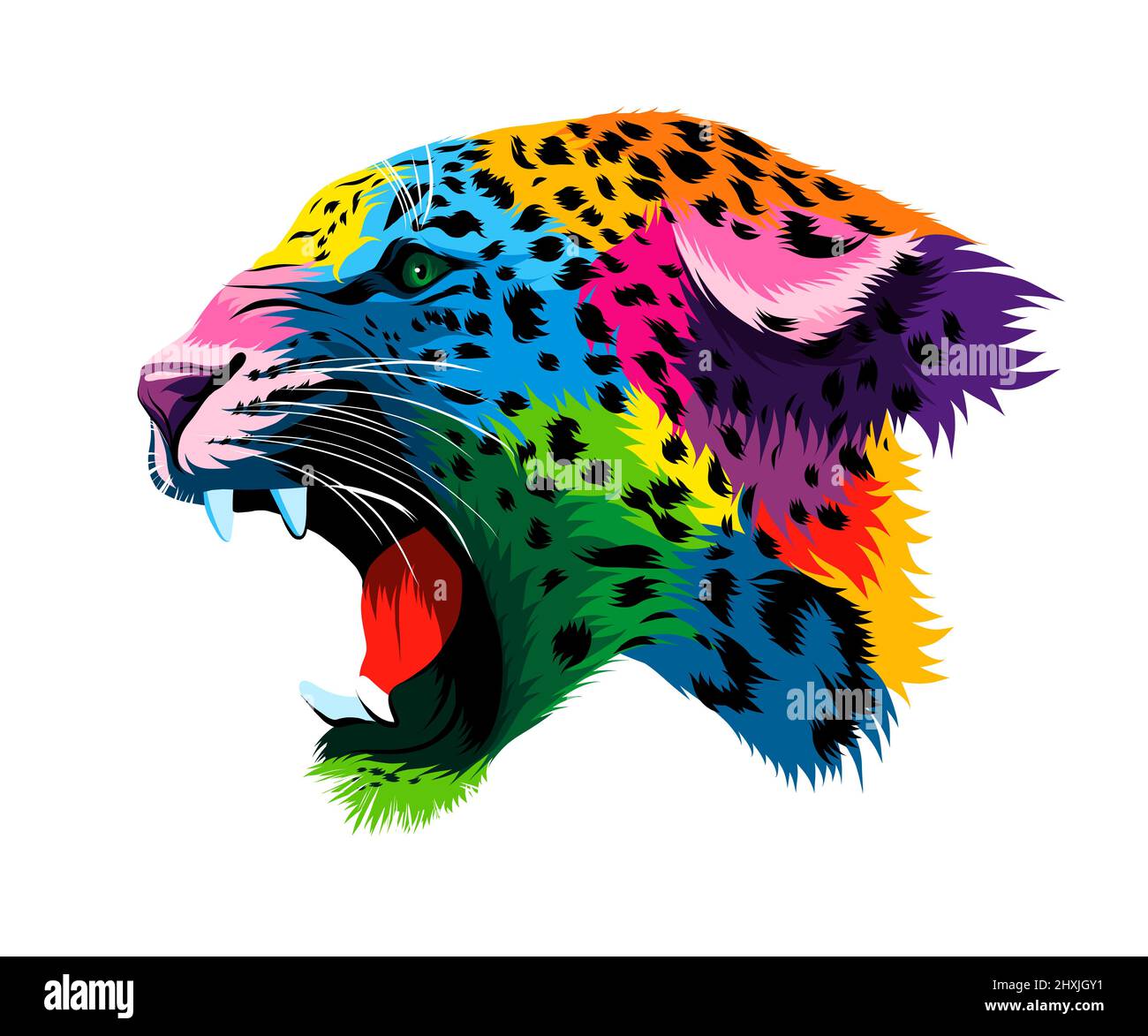 Abstract portrait of the head of a snarling leopard, grin of a leopard ...