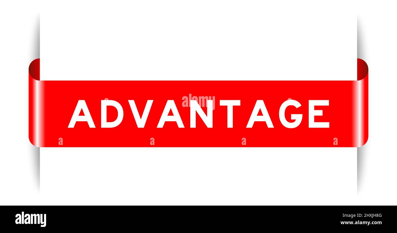 Red color inserted label banner with word advantage on white background ...