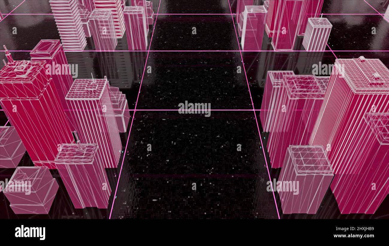 Pink Isometric city landscape on black cosmic background with flying ...