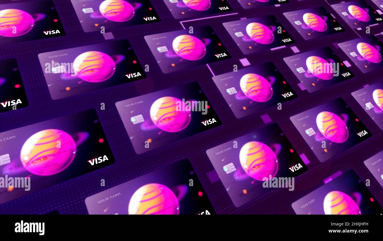 Rows of new virtual visa banc credit cards. Motion. Special card design ...