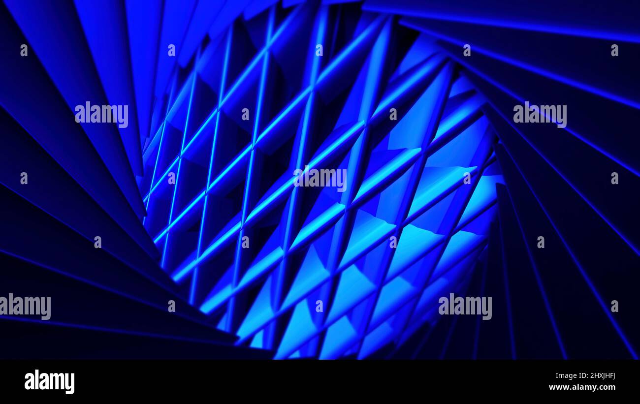 Abstract swirling metal tube covered by crossed lines and holes. Motion ...