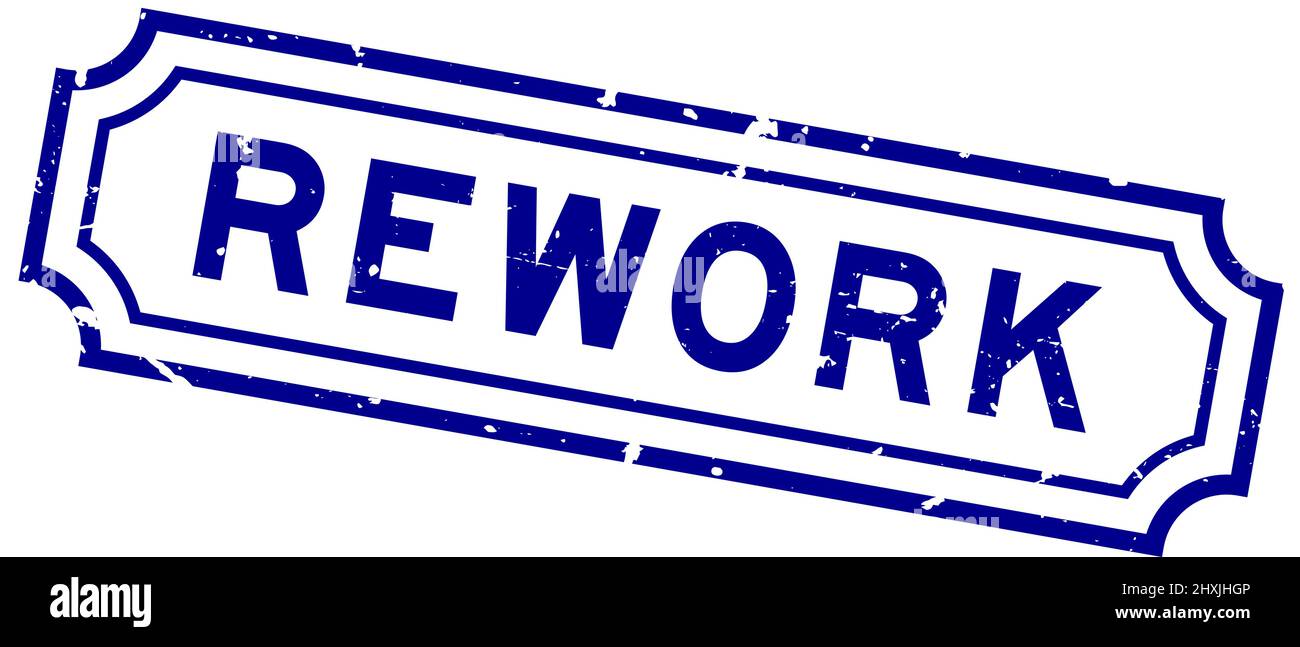 Grunge blue rework word square rubber seal stamp on white background ...