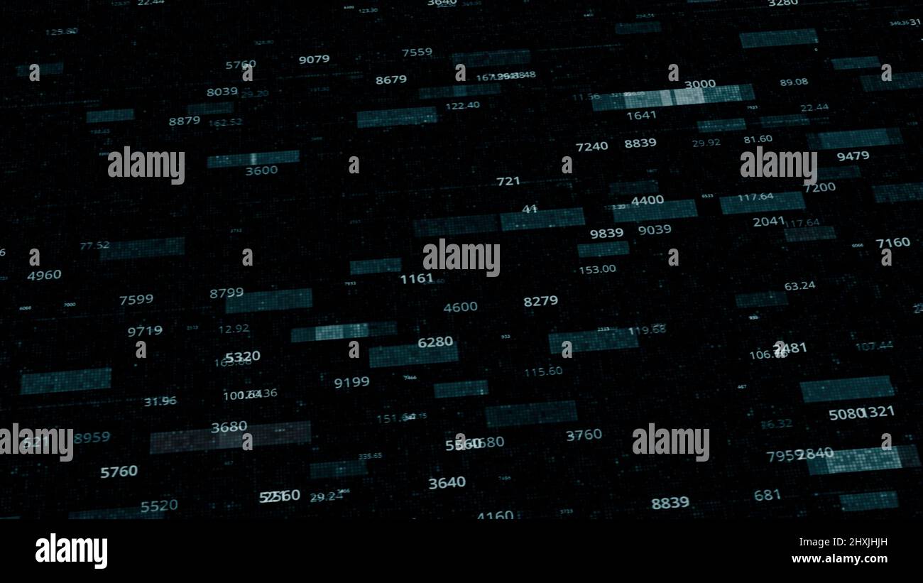 Abstract green flowing digital numbers and rectangles on a black ...