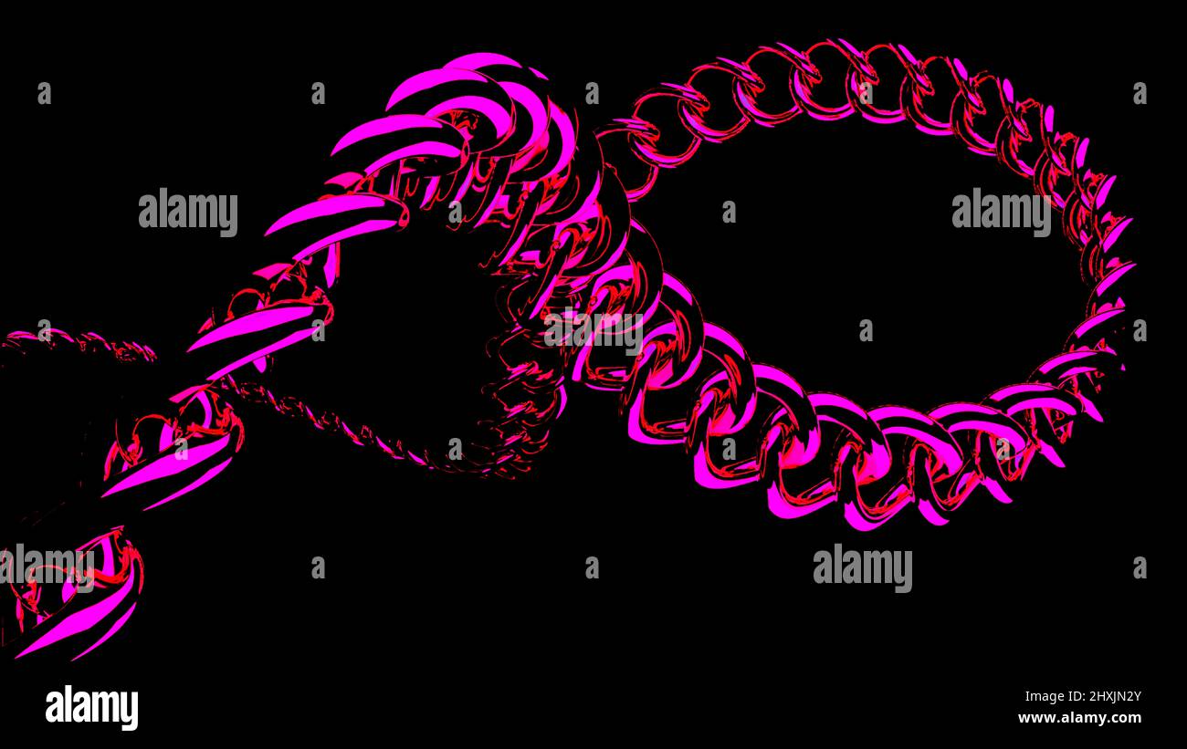 Close up of abstract pink metal chain curving isolated on a black ...
