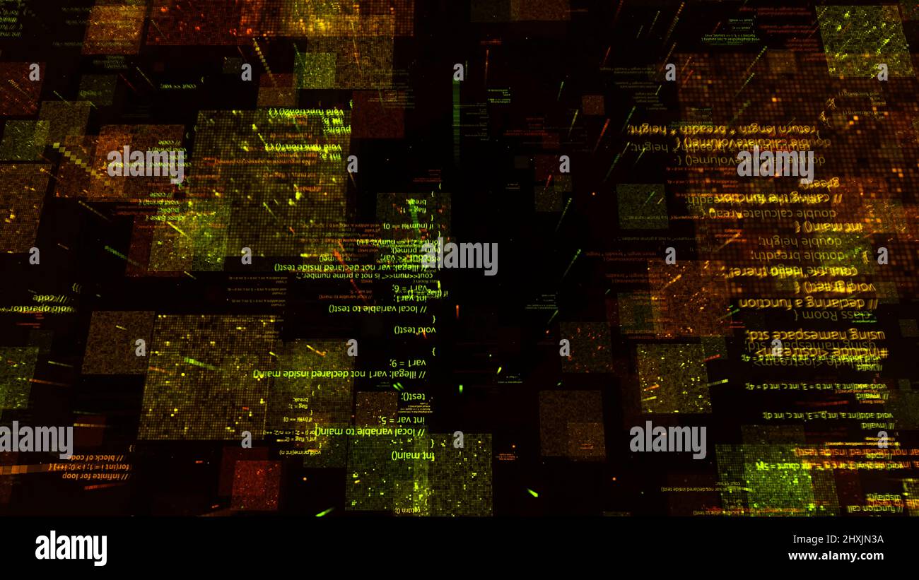 Digital program codes moving asymmetrically on a dark screen. Animation. Visualization of the ...
