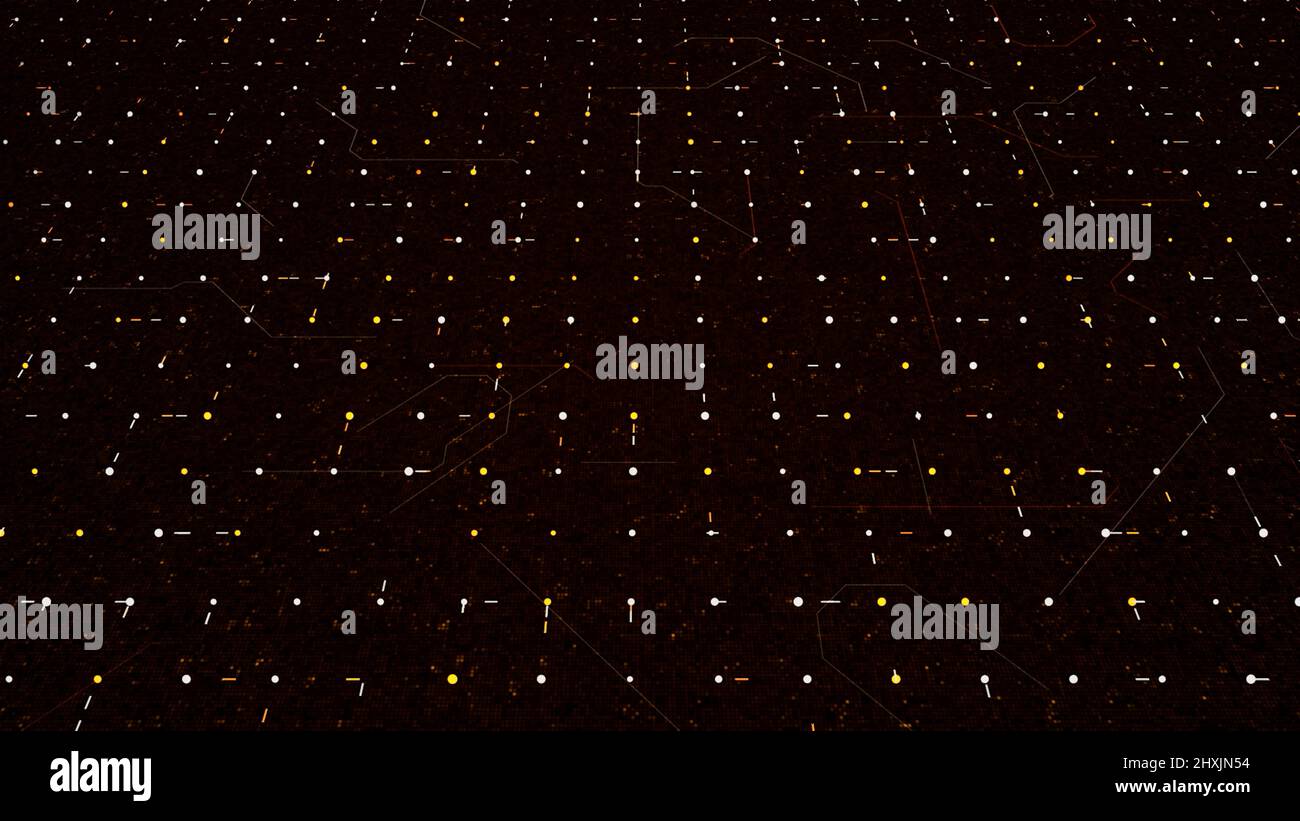 Abstract digital lines randomly moving among spots in a dark ...