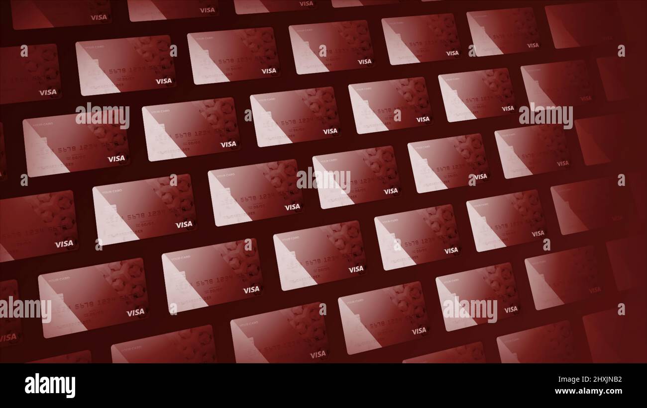Credit card symbols floating in many rows. Motion. Red beautiful design ...