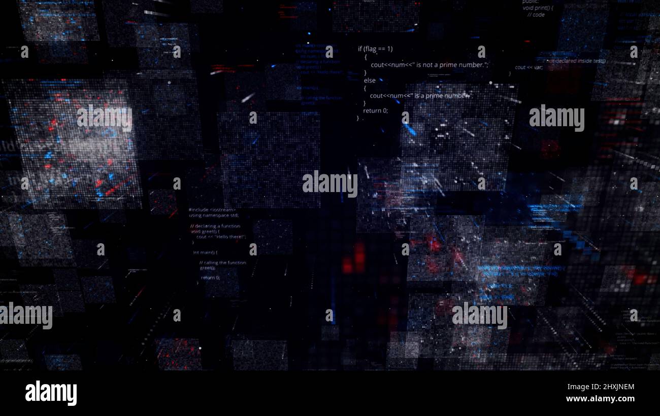 Digital program codes moving asymmetrically on a dark screen. Animation. Visualization of the ...