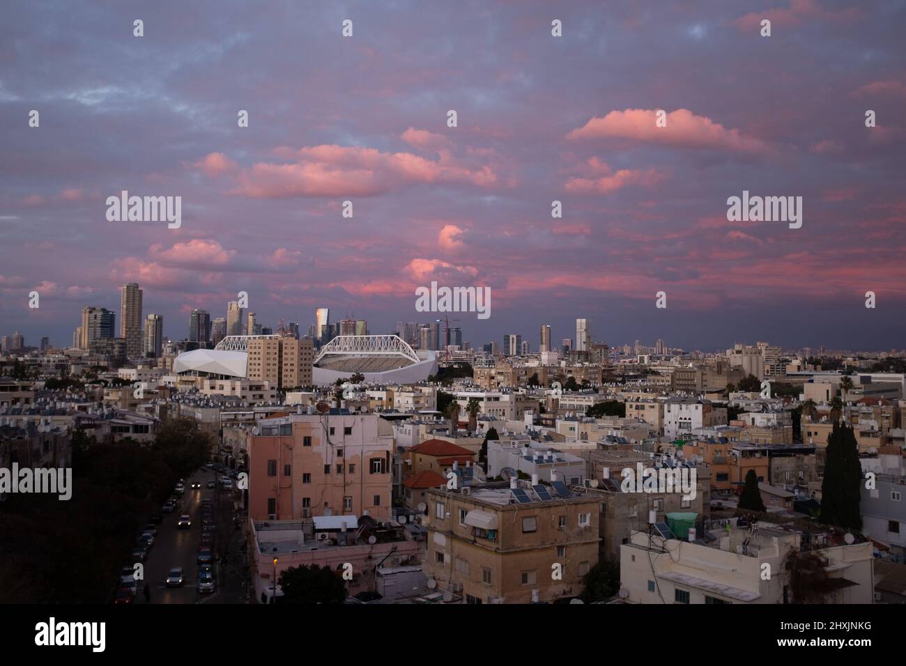 View on Bloomfield stadium and Tel Aviv cityscape during sunset Stock ...