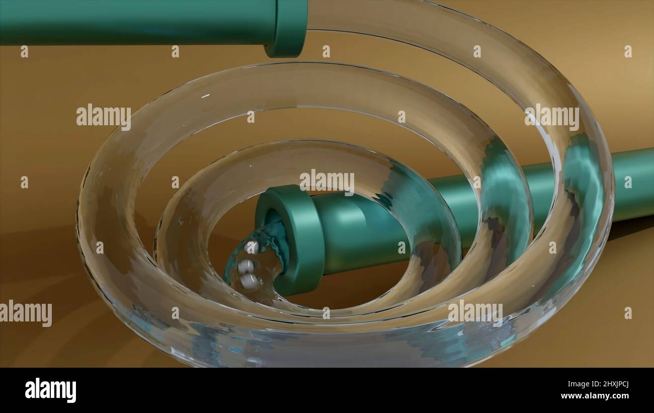 Abstract turquoise pipes connected by spiral shaped transparent tube ...