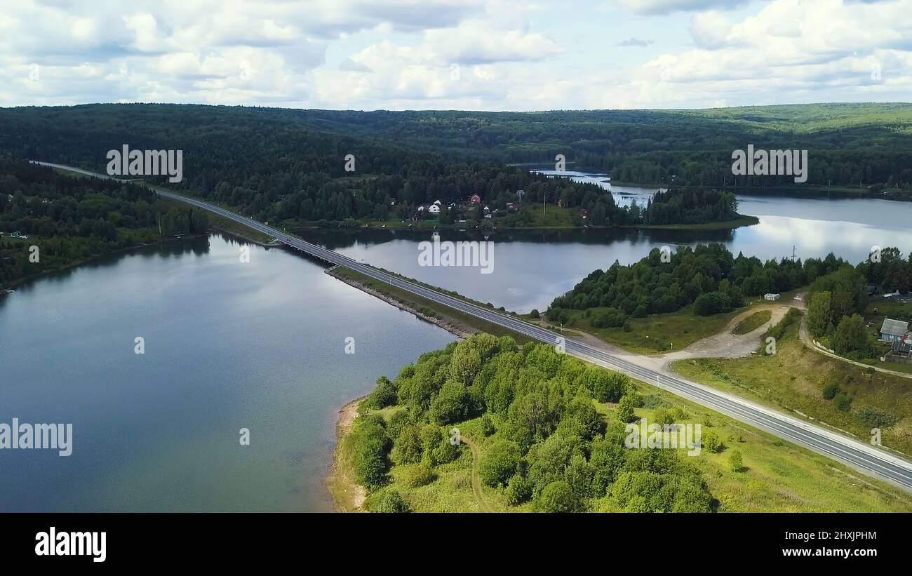 A huge bridge across the river. Clip. Bird's-eye view. A huge bridge ...