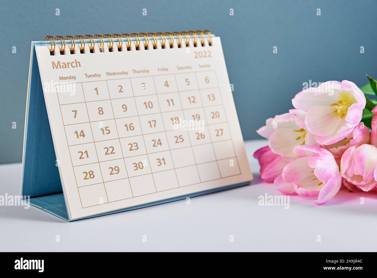 March calendar and flower bouquet, Hello spring concept, International ...