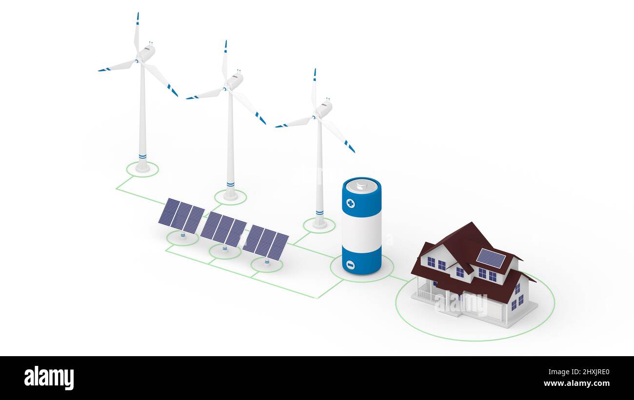 Isometric 3d render of network made of wind turbines, solar panels ...