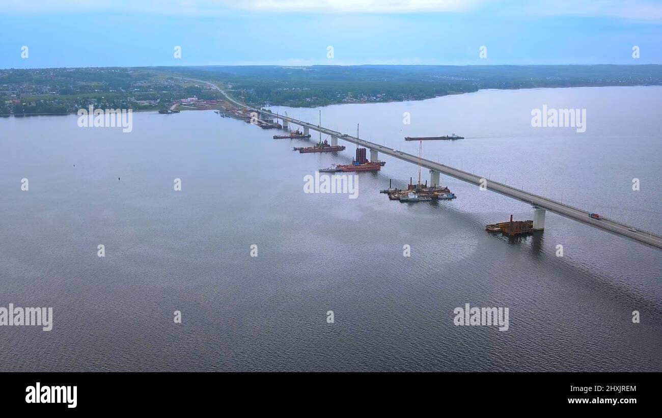 The long Crimean Bridge. Clip . The view from the drone. A huge long ...