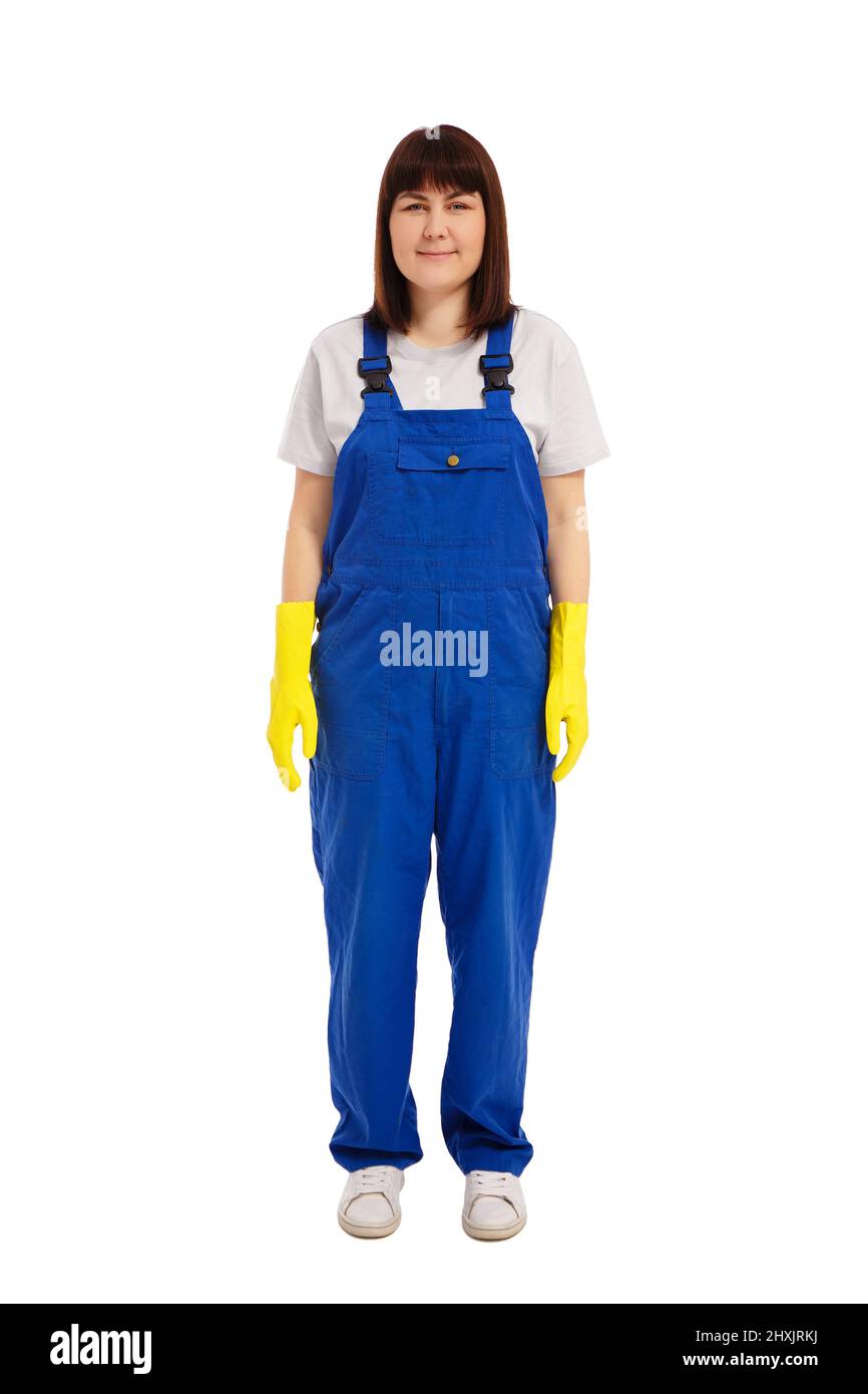 full length portrait of young female cleaner in blue uniform and yellow ...