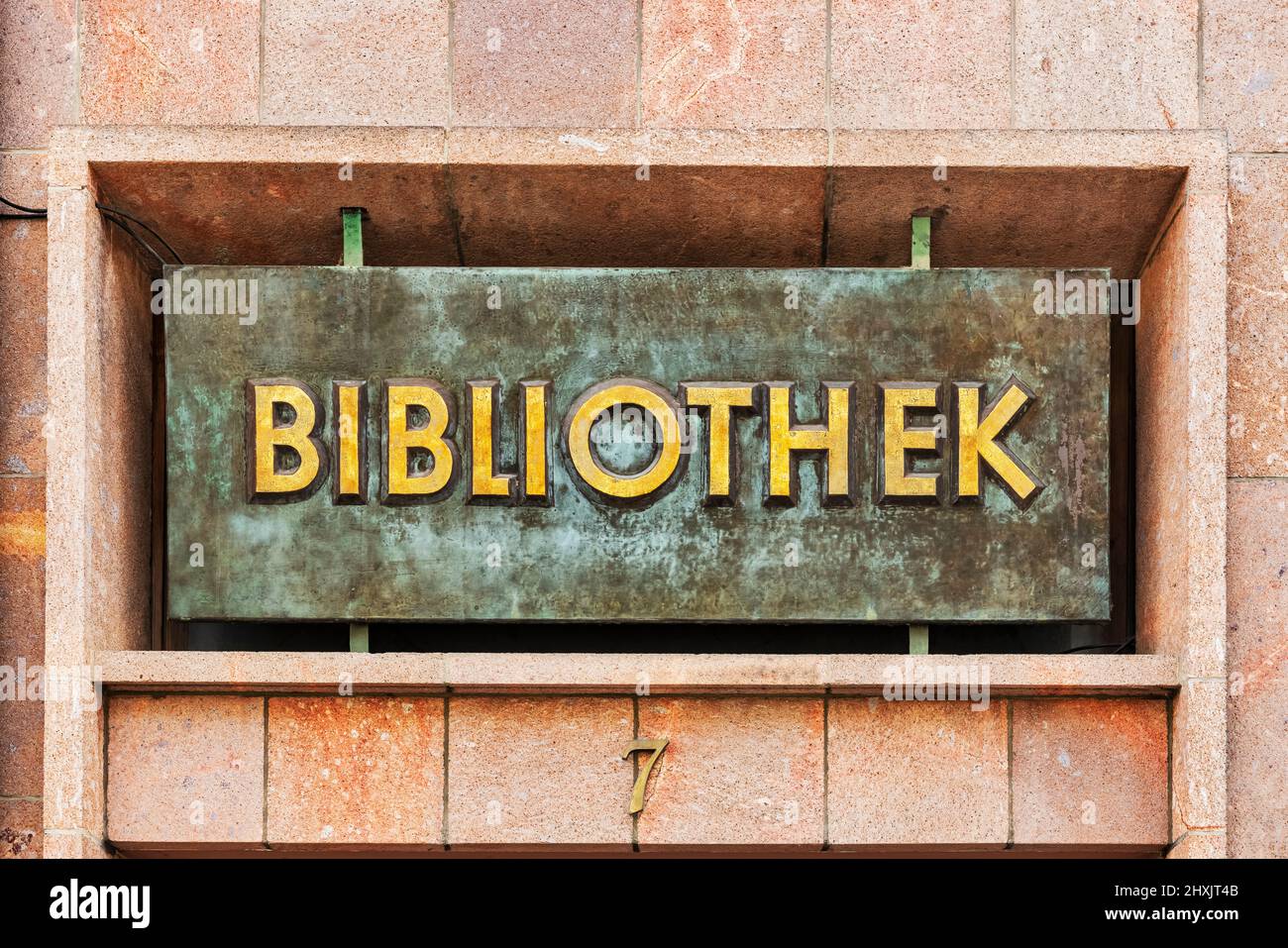 The lettering Bibliothek (library) on a house in Lutherstadt Wittenberg ...