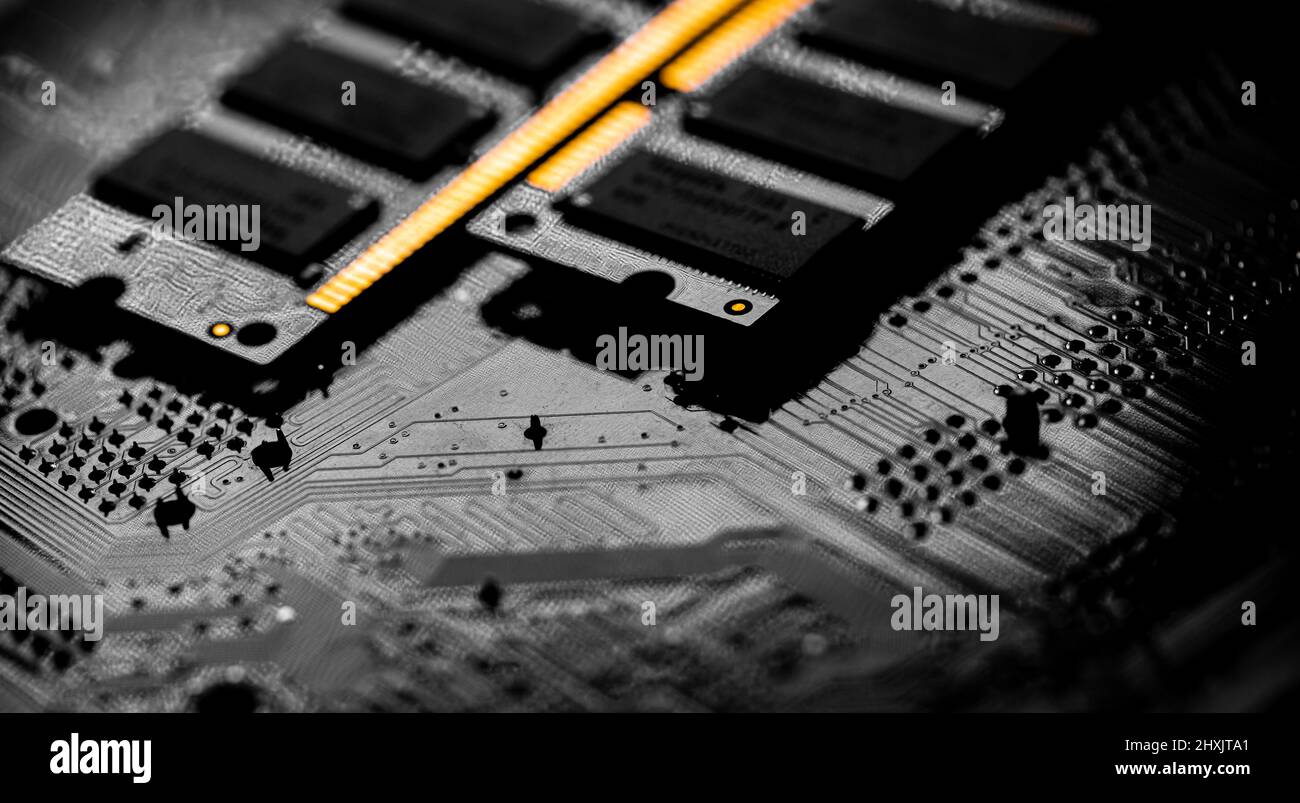 Macro Close up of computer RAM chip; random access memory chip slot for ...