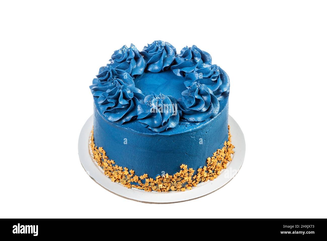 Creative blue cream rose cake on white background for birthday ...