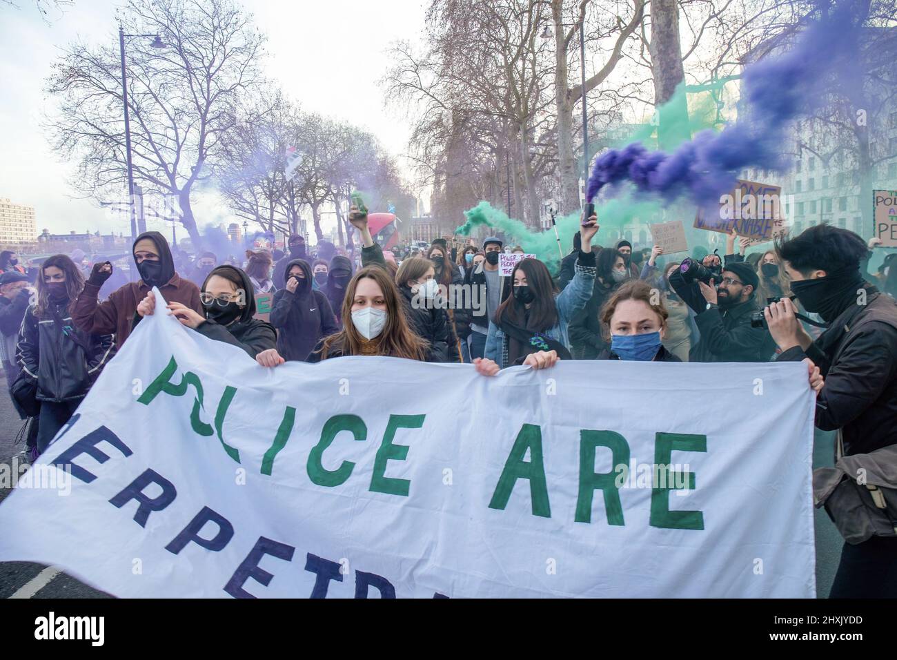 London, UK. 12th Mar, 2022. Protesters hold a banner during the ...