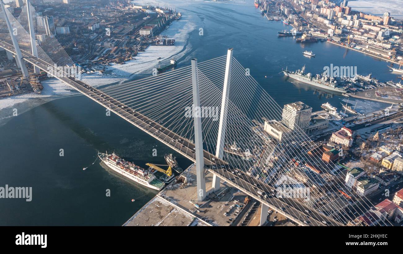 Vladivostok, Russia - January 24, 2022: View of the city and the bridge ...