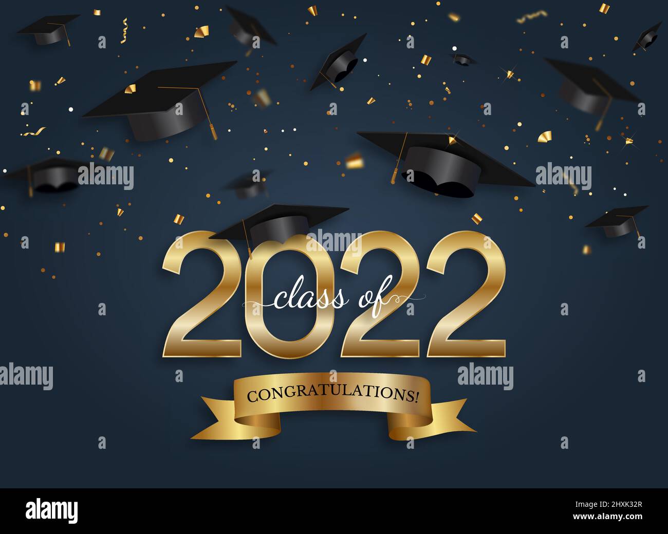 Graduation class of 2022 with graduation cap hat and confetti. Vector ...