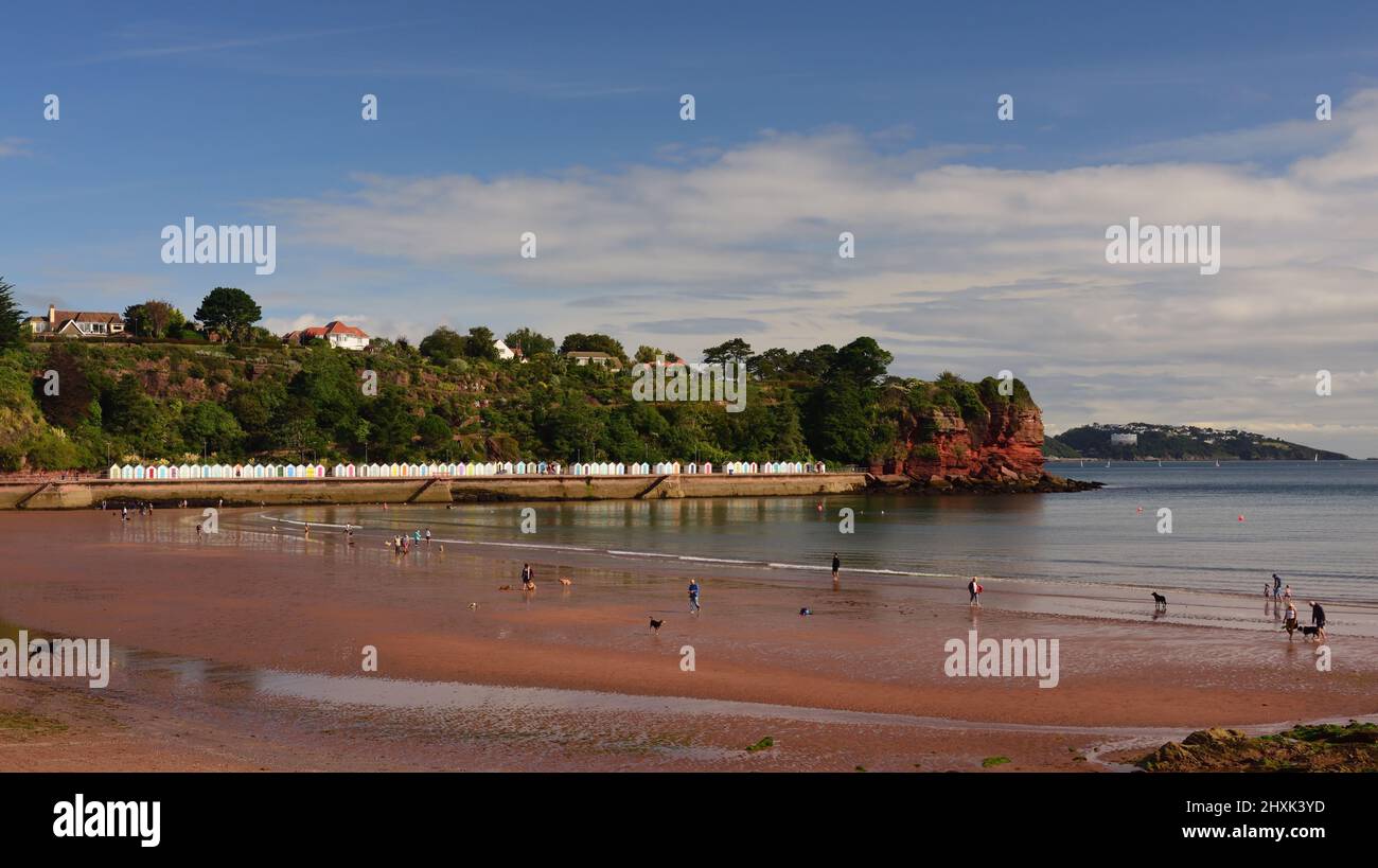 People on the beach at Goodrington Sands, and beach huts below Roundham ...