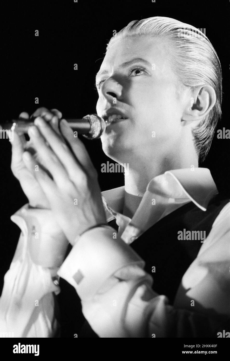 British pop singer David Bowie performing on stage during the first of ...