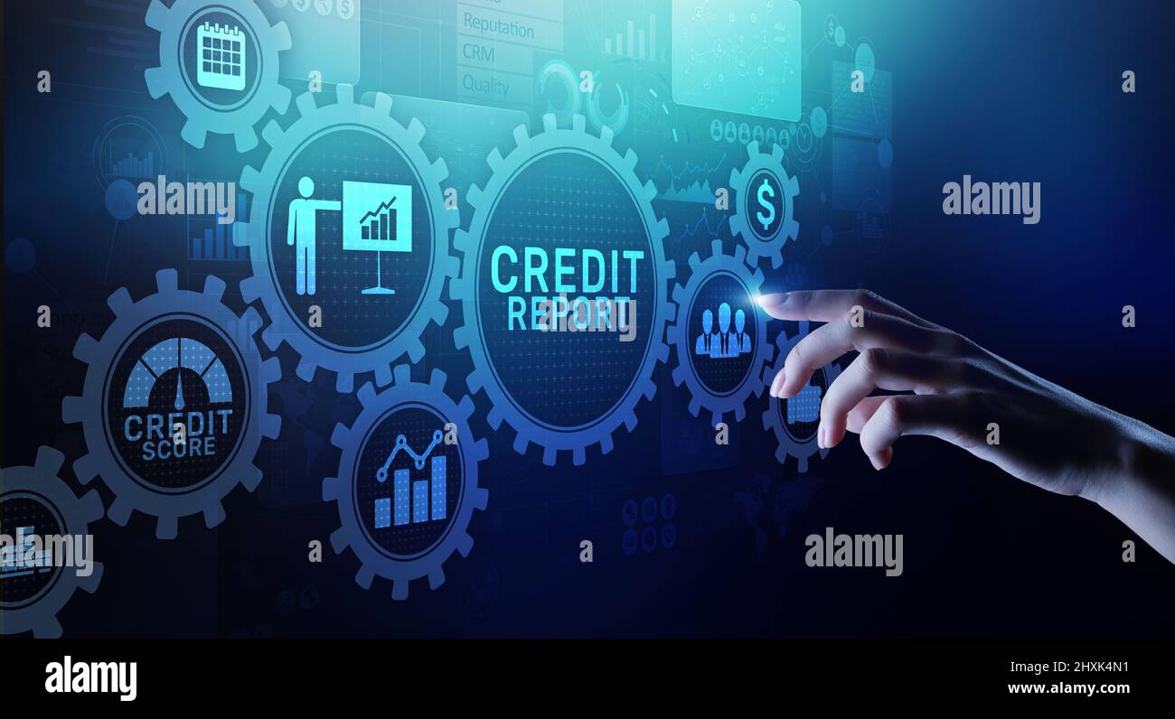 Credit report score button on virtual screen. Business Finance concept ...