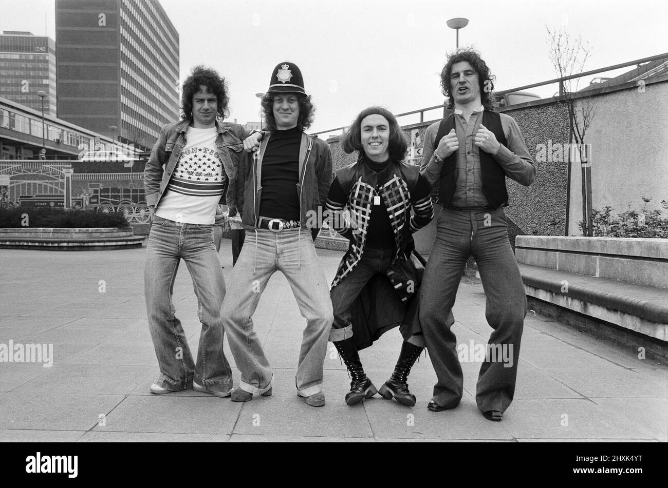 Glam rock group Slade posing for pictures in Birmingham City Centre ...