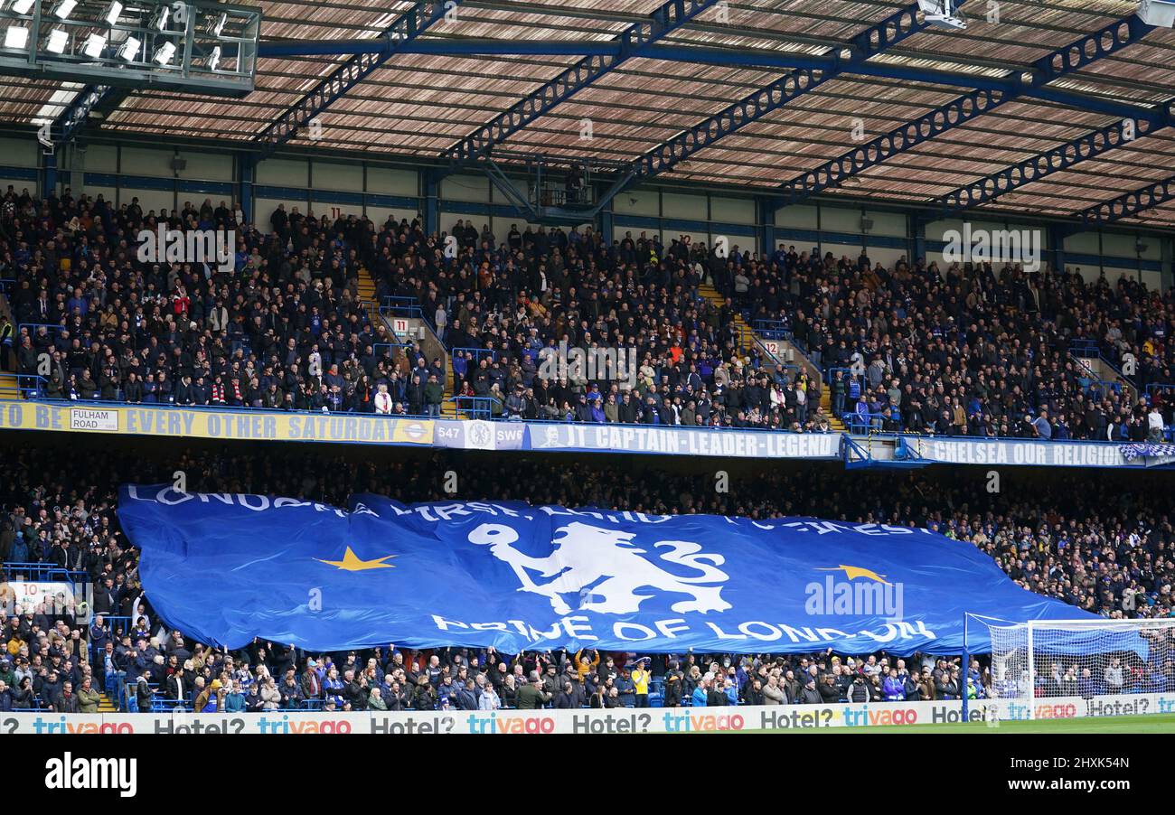 Chelsea fans unveil a banner during the Premier League match at ...