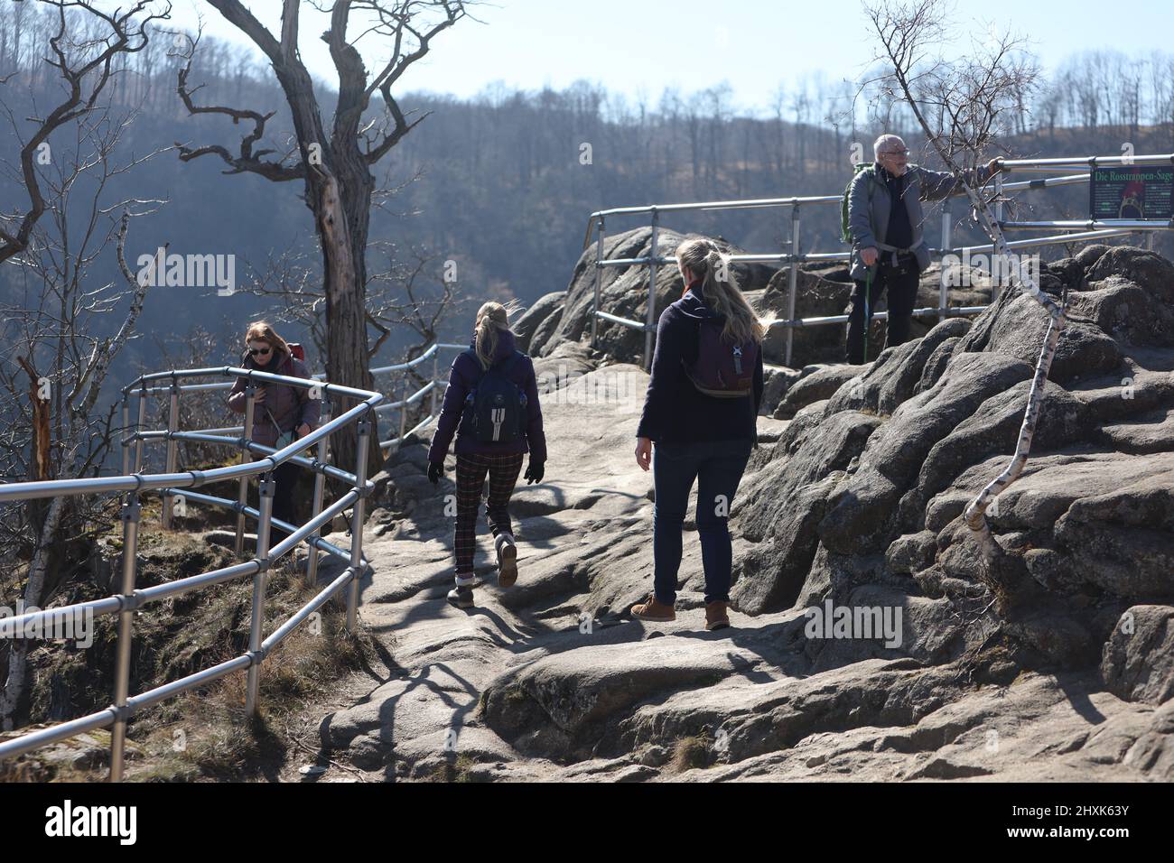 Thale, Germany. 13th Mar, 2022. Hikers are on the way to the Rosstrappe ...