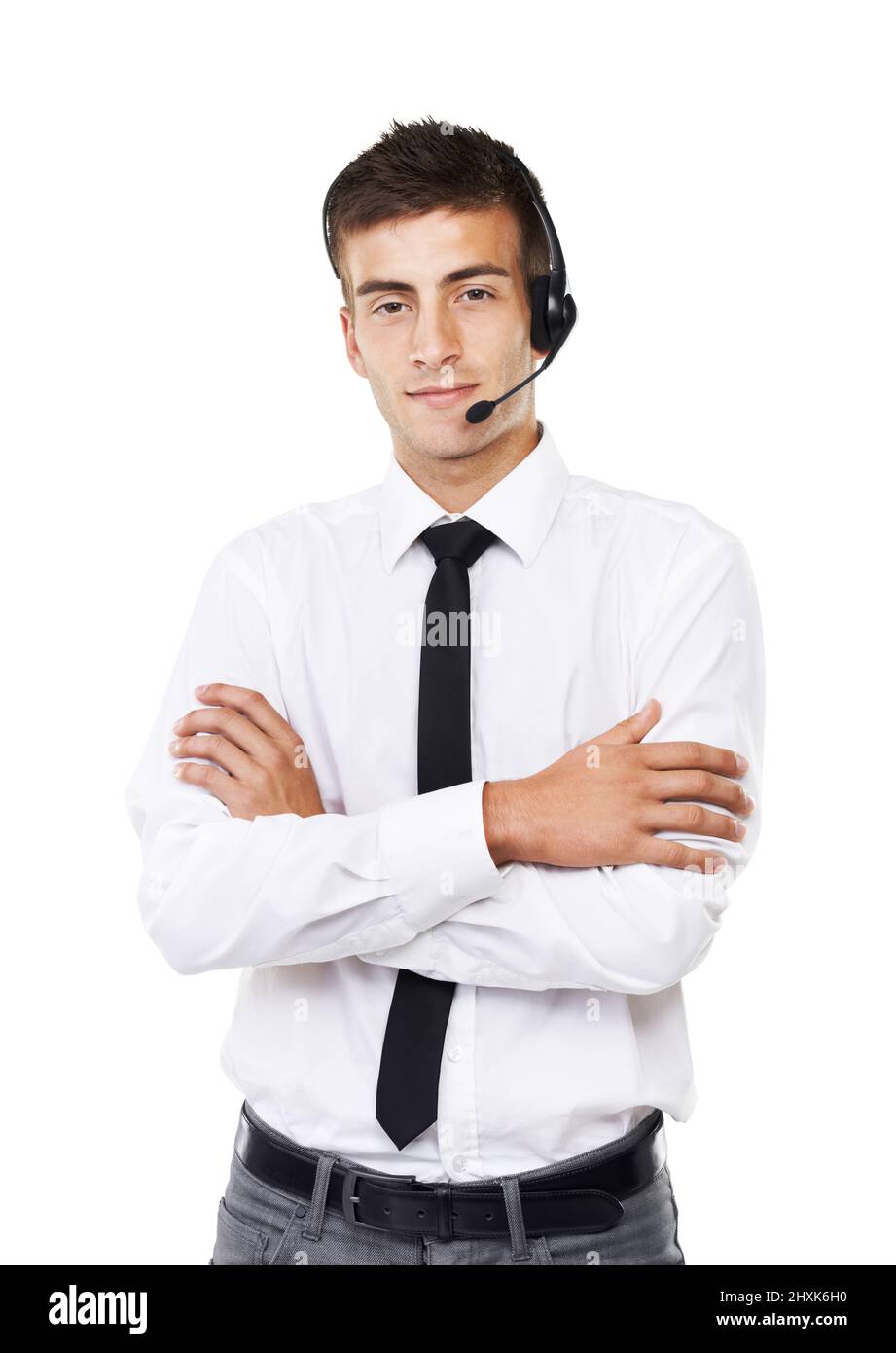 Serious about my job. Portrait of a business man with a headset on and ...