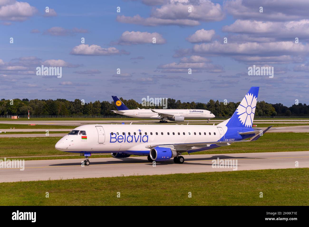 Munich, Germany - September 19. 2019 : Belavia Embraer E175LR with the ...