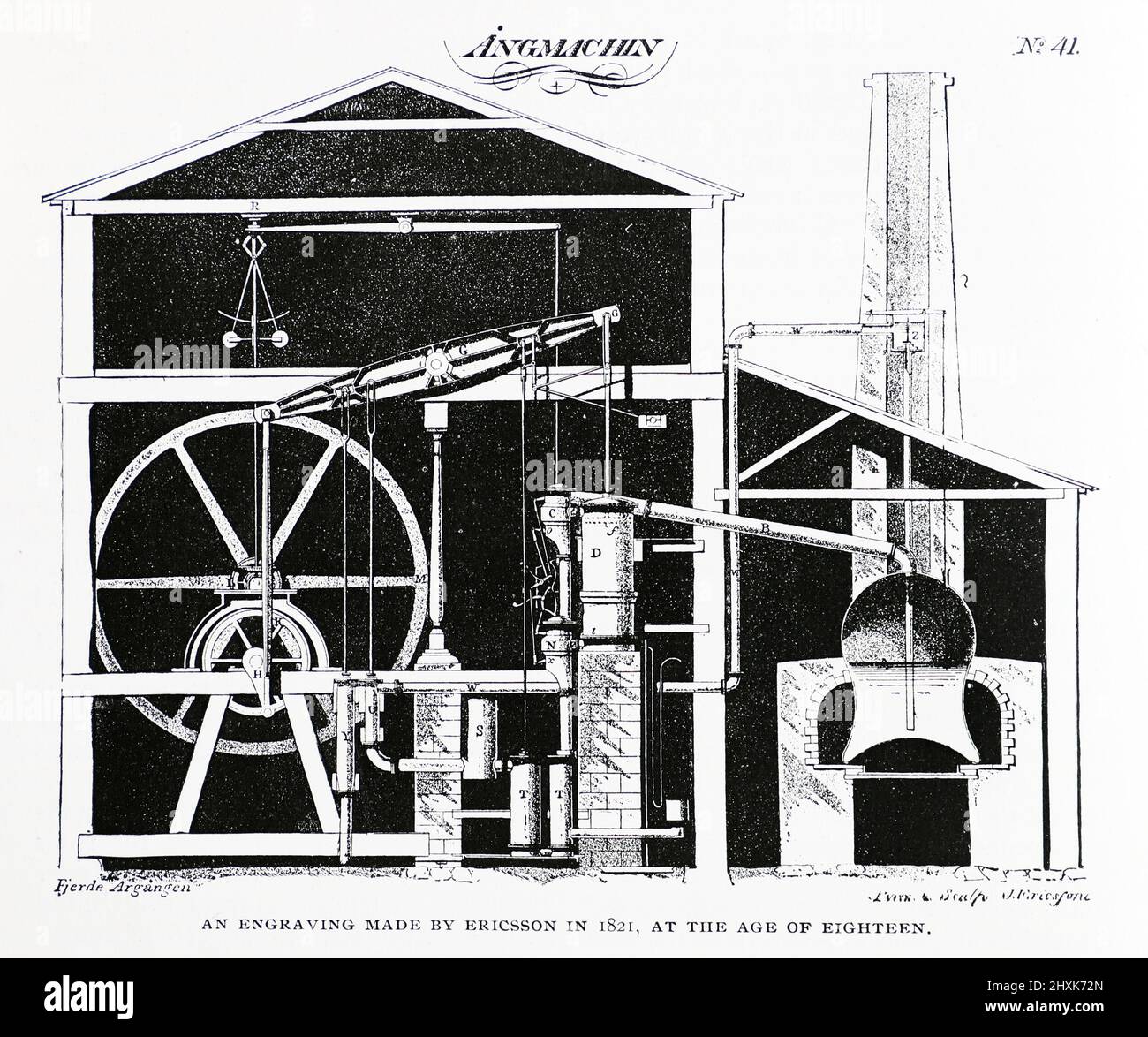 Engraving of a steam engine made by John Ericsson in 1821 at the age of ...