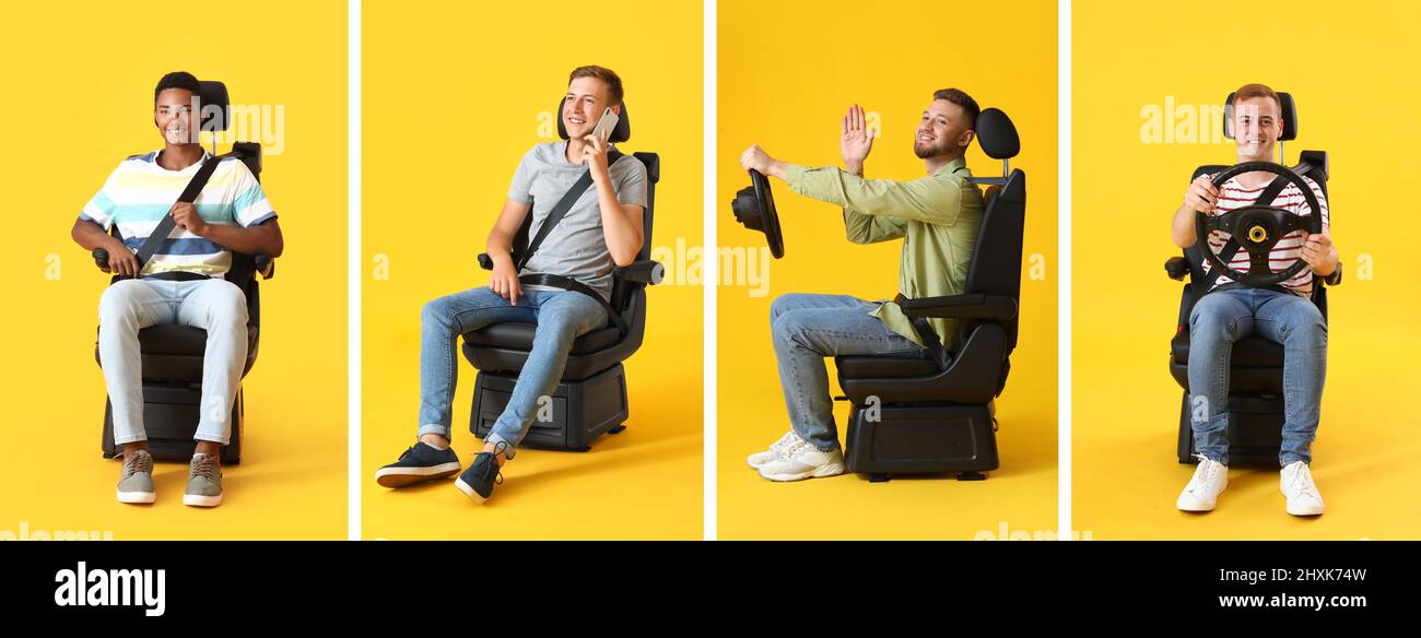 Set of men in car seat on yellow background Stock Photo - Alamy