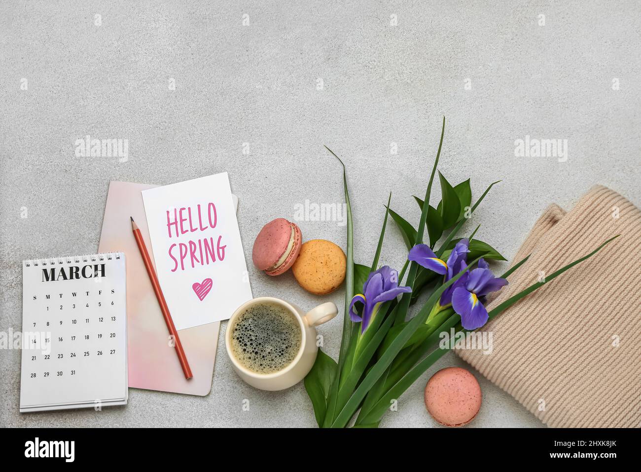 Card with text HELLO SPRING, calendar, cup of coffee, cookies and ...