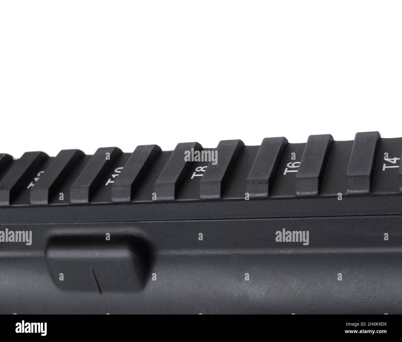 Rail on an assault rifle for mounting a scope isolated on white Stock ...