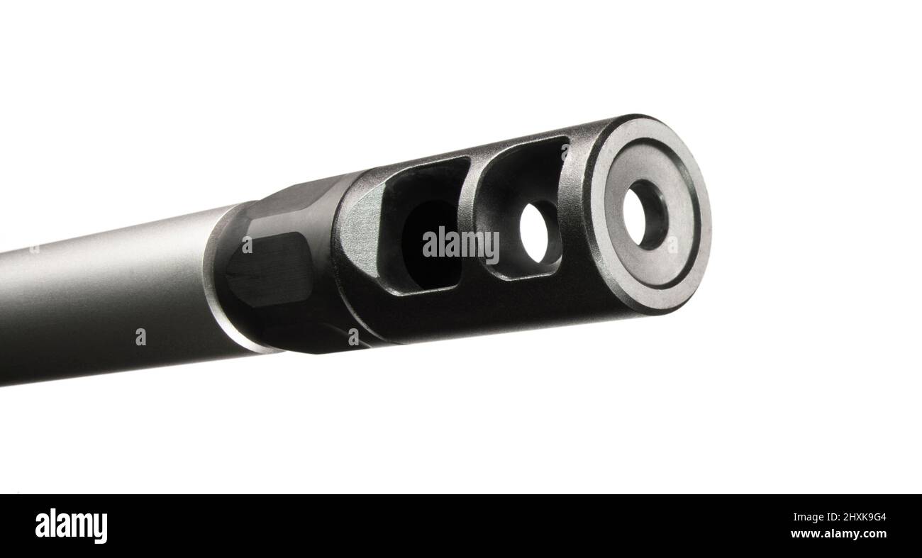 Black muzzle brake on a silver rifle barrel isolated on white Stock ...