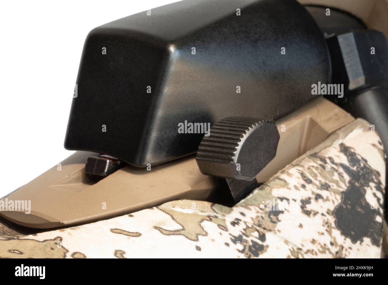 Safety lever activated on a bolt action rifle isolated on white Stock ...