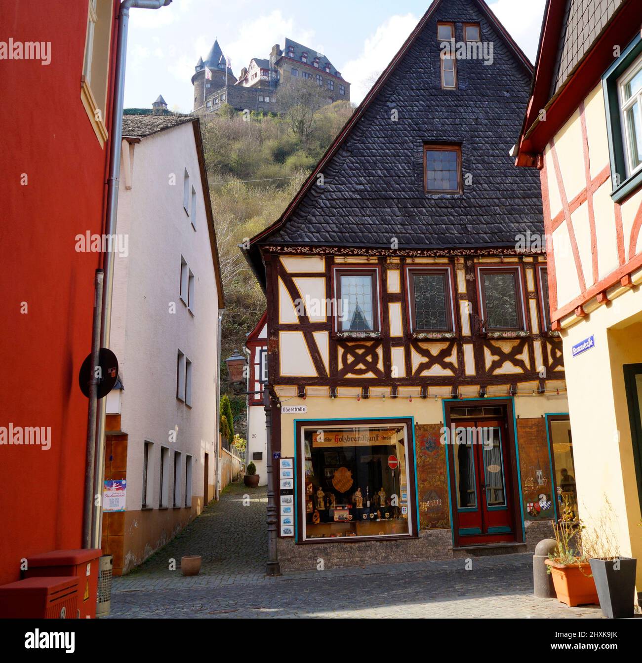 Stahleck Castle in the town of Bacharach on Rhein or Rhine in Germany ...