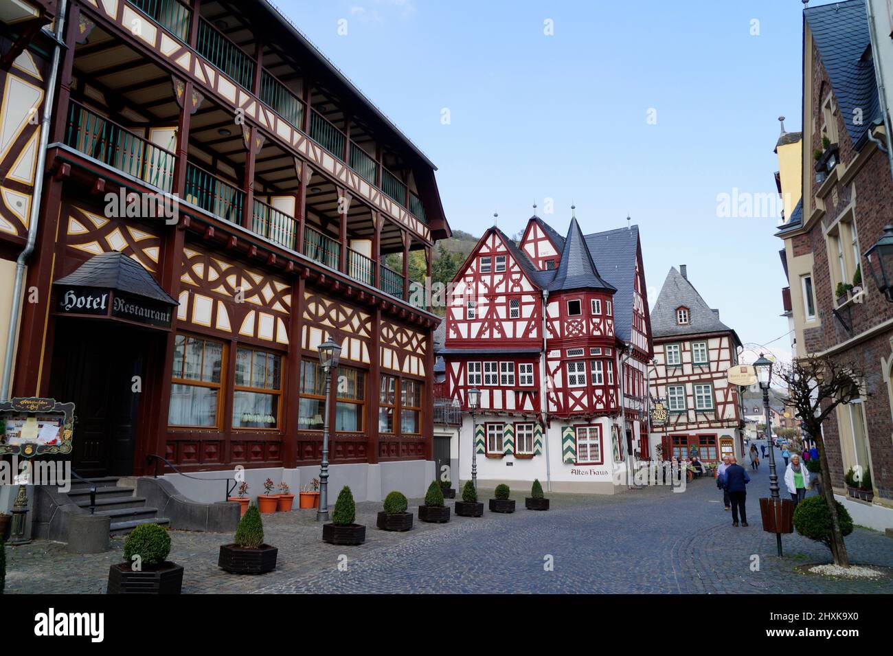 quaint timber-framed houses of town of Bacharach on Rhein or Rhine in ...