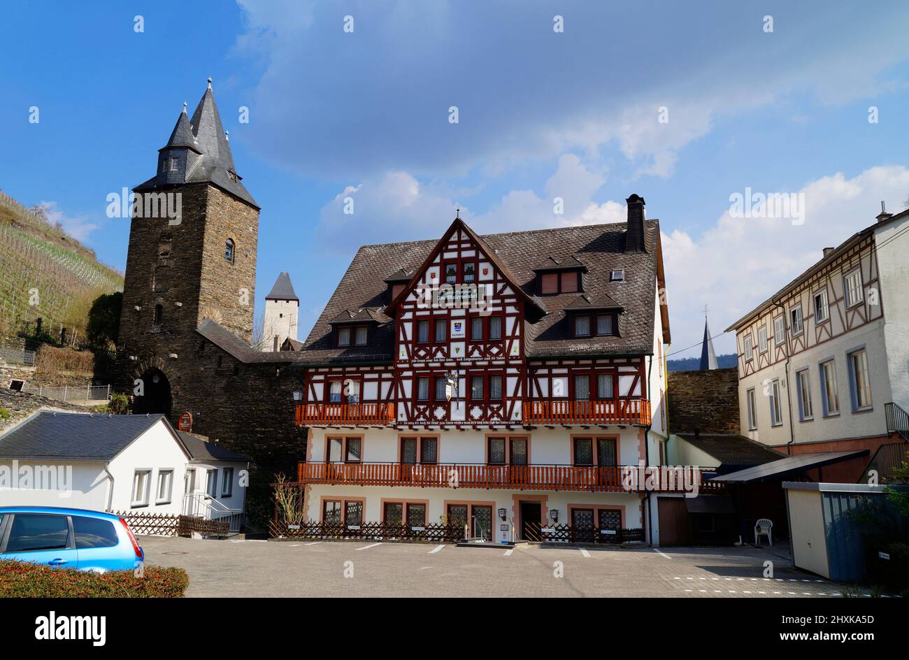 quaint timber-framed houses of town of Bacharach on Rhein or Rhine in ...