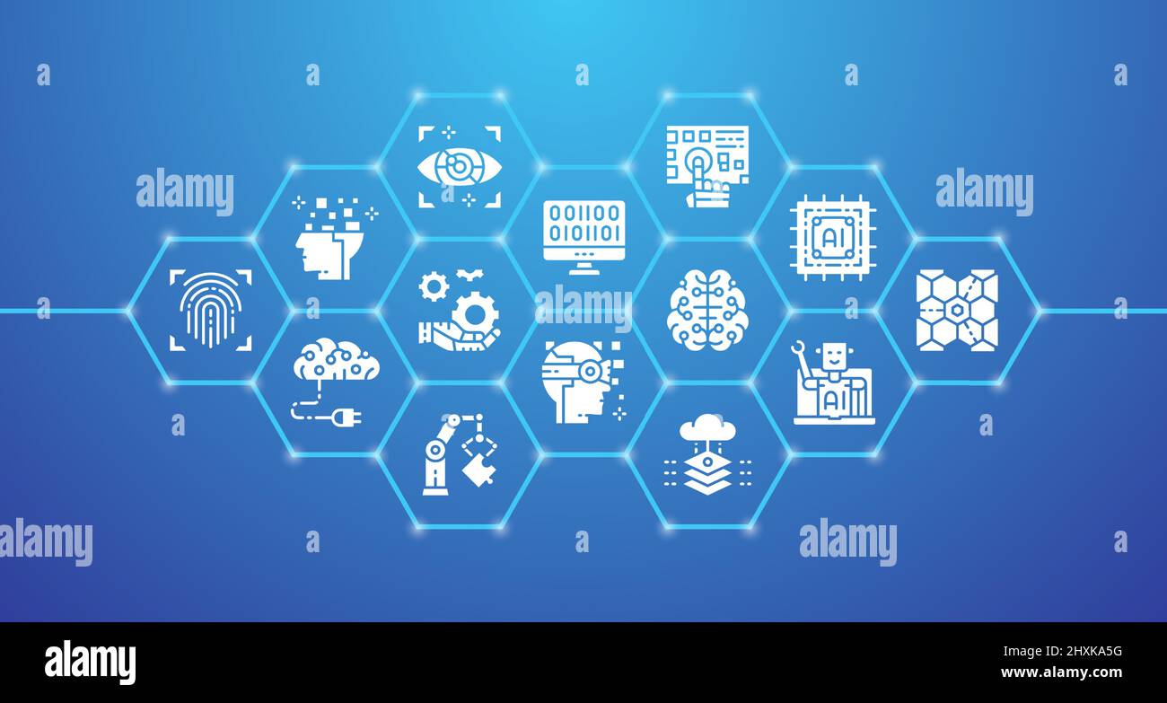 Artificial Intelligence banner with outline icons. Robotics, Chatbot, Database, Big Data ...