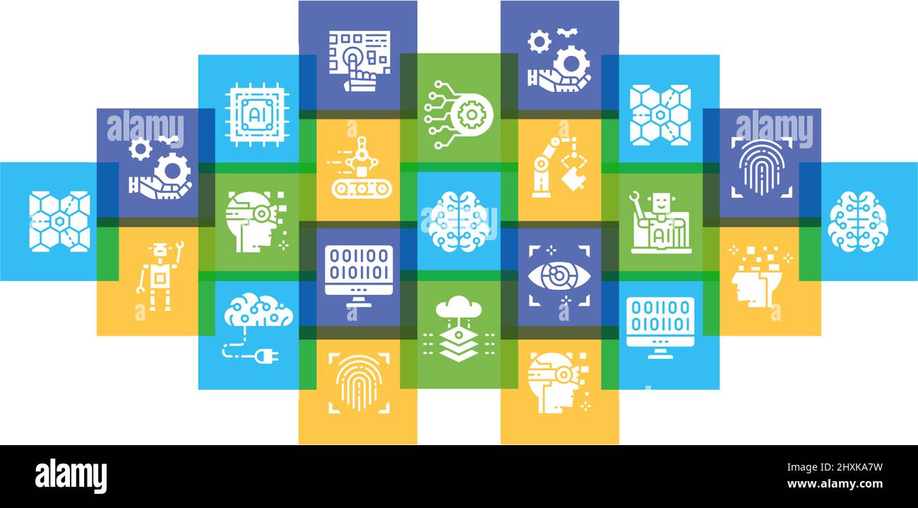 Artificial Intelligence flat design illustration concept. Robotics, Chatbot, Database, Big Data ...